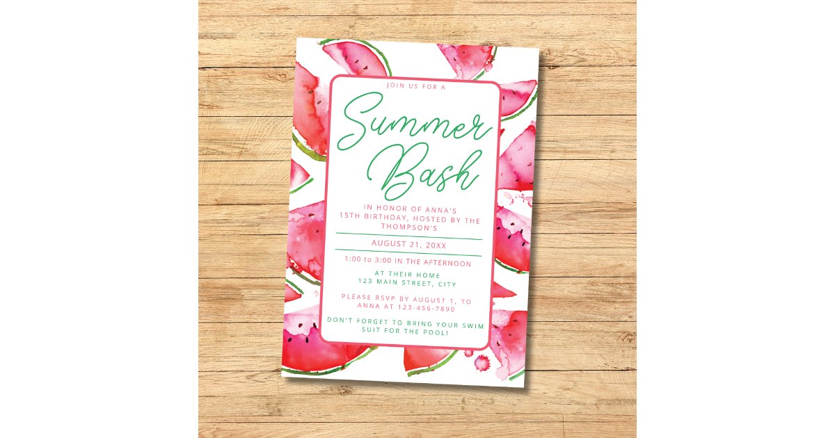 Watermelon Summer Bash Pool Party Invitation | Zazzle