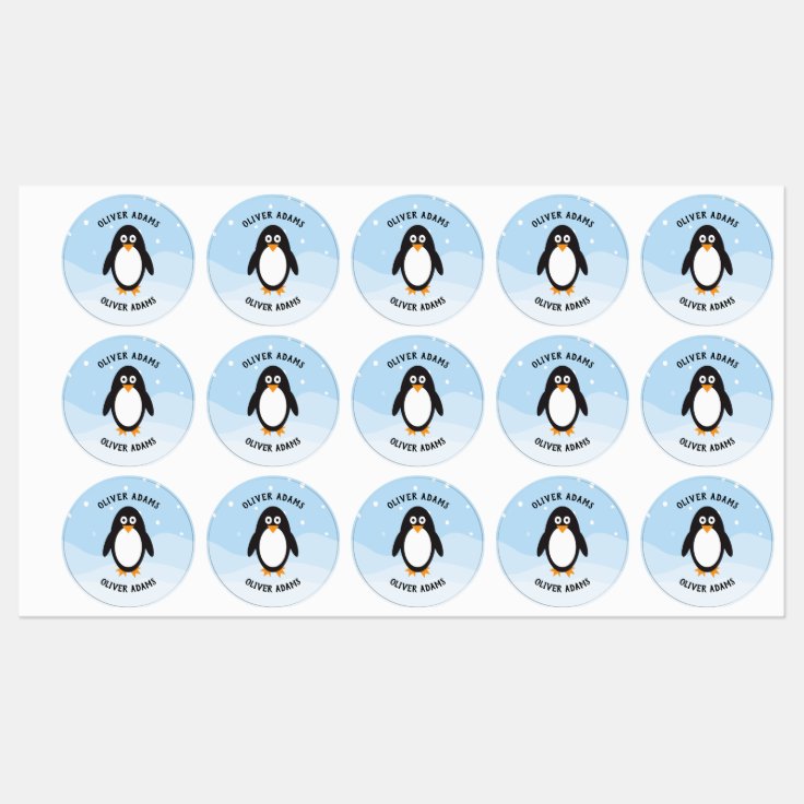 Waterproof penguin labels for school camp daycare | Zazzle