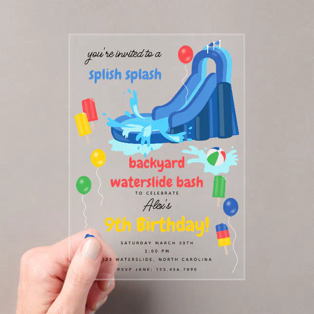 Waterslide Kids Summer Splish Splash Birthday Acrylic Invitations | Zazzle