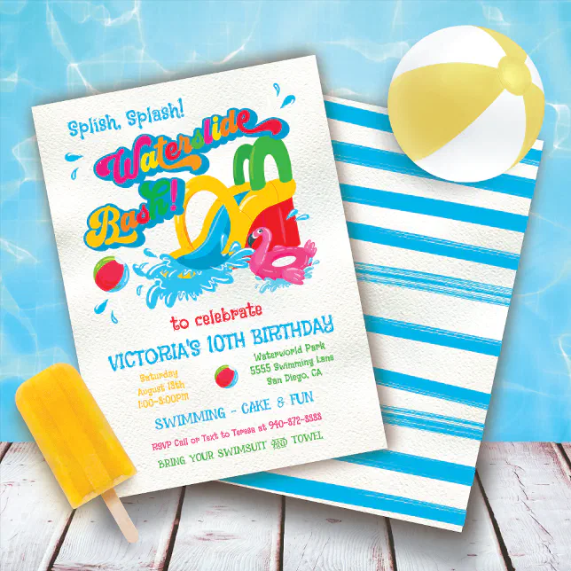 Waterslide Pool Party BIrthday Bash Invitation | Zazzle