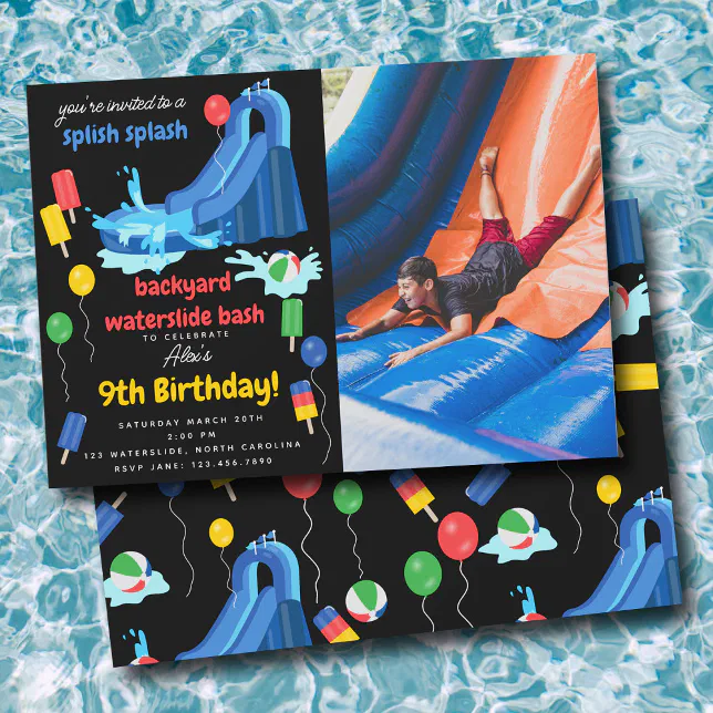Waterslide Summer Splish Splash Photo Birthday Invitation | Zazzle