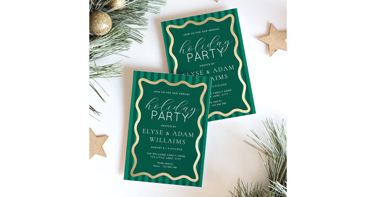 Wave Green Stripe Christmas Holiday Party Invitation | Zazzle