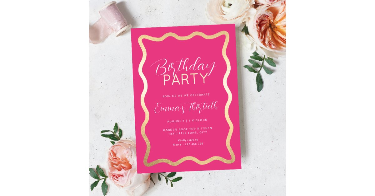 Wave Hot Pink Birthday Foil Invitation | Zazzle