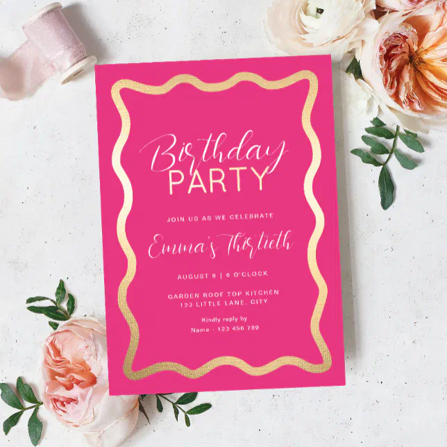 Wave Hot Pink Birthday Foil Invitation | Zazzle