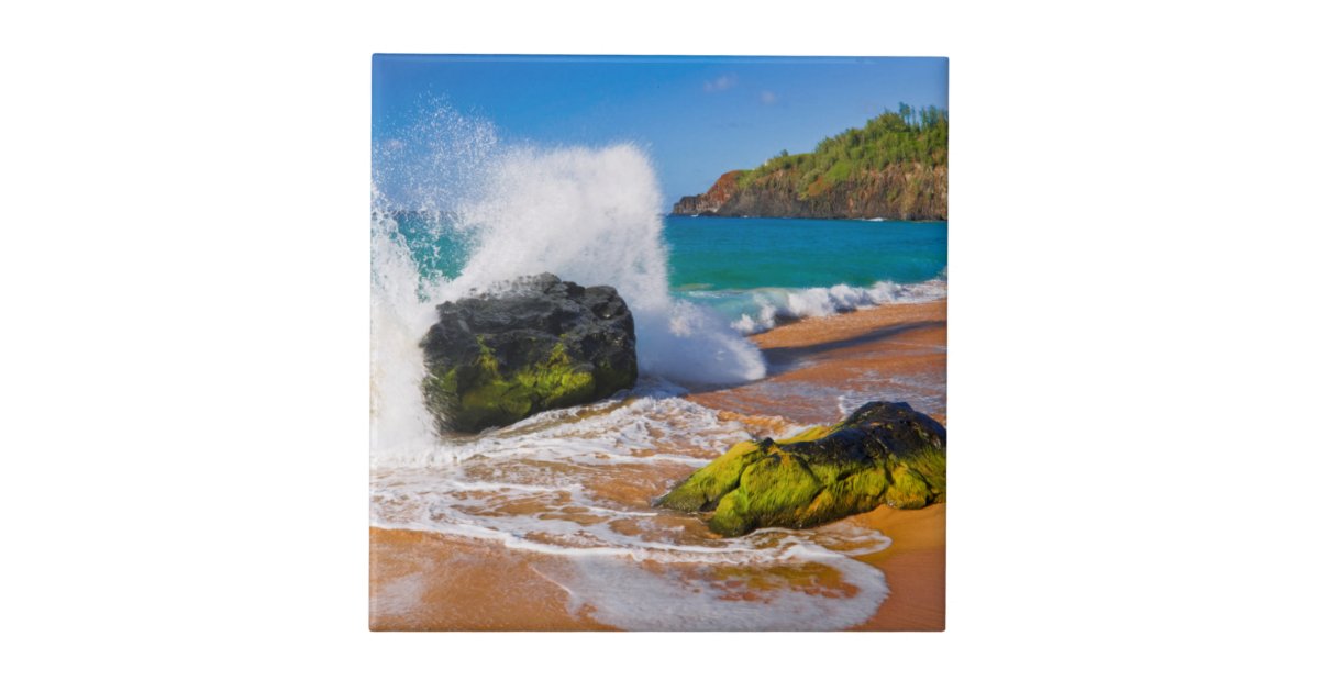 Waves crash on the beach, Hawaii Tile | Zazzle