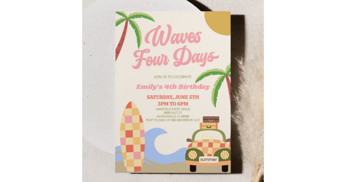 Waves Four Days Beach Surf 4th Birthday Party Invitation | Zazzle