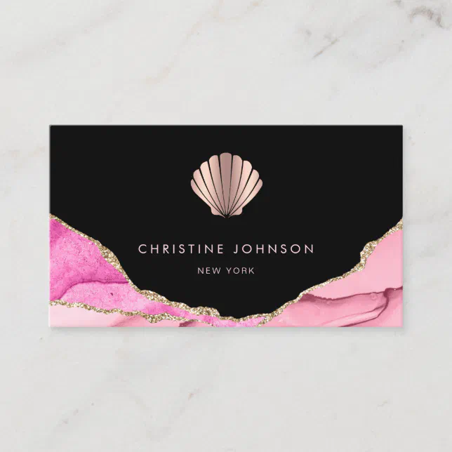 waves pink seashell design on black business card | Zazzle