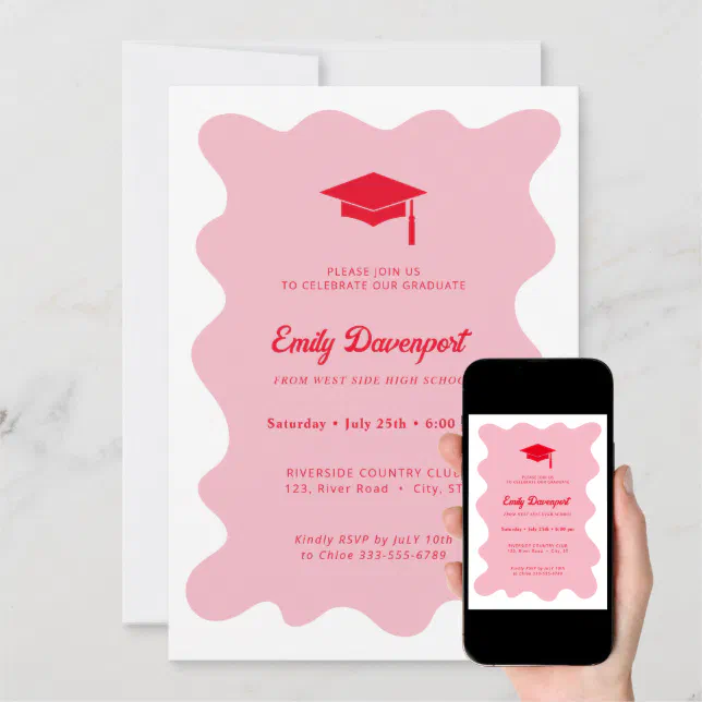 Wavey retro fancy Graduation photo on back Invitation | Zazzle
