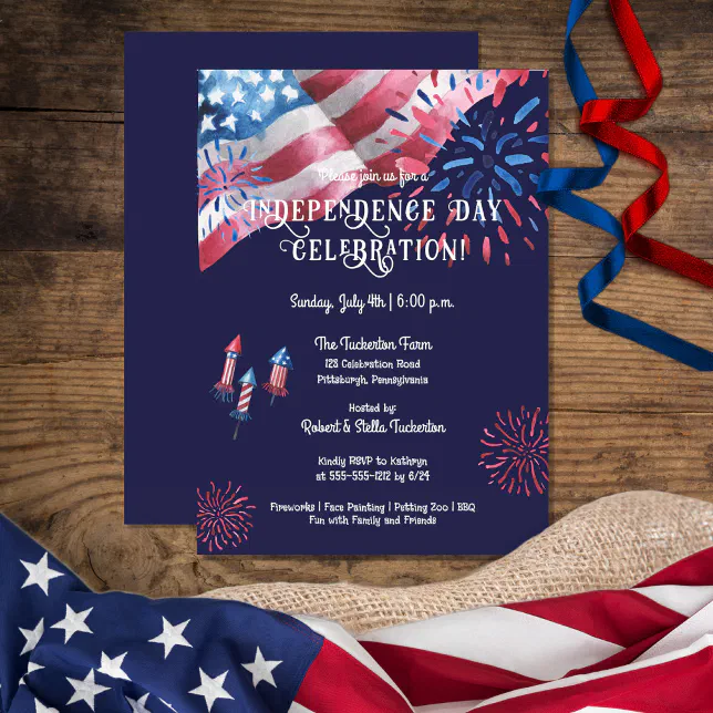Waving Flag Fireworks Independence Day Celebration Invitation | Zazzle