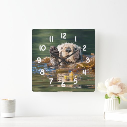 Waving Sea Otter Square Wall Clock | Zazzle