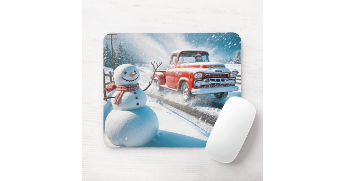 Waving Snowman With a Red Retro Truck Mouse Pad | Zazzle