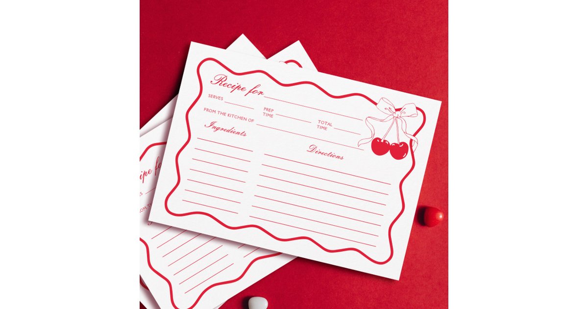 Wavy Bow Cherry Bridal Shower Recipe Card | Zazzle