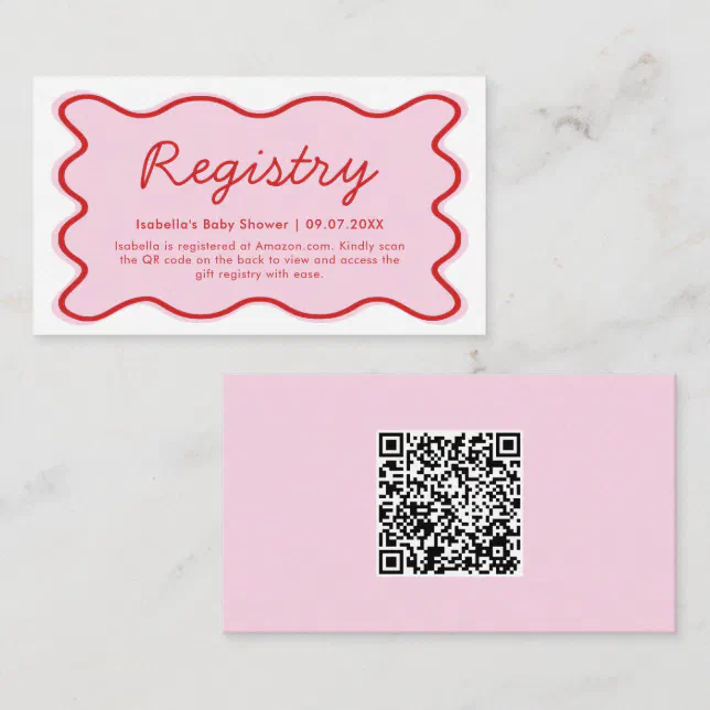 Wavy Curvy Pink Red Baby Shower Registry QR Code Enclosure Card | Zazzle