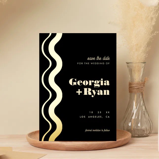 Wavy Edge Modern Retro Black Save the Date Real Foil Invitation | Zazzle
