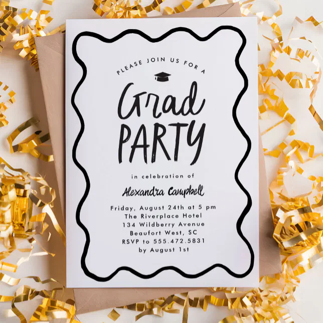 Wavy Frame Black White Hand Drawn Graduation Party Invitation | Zazzle