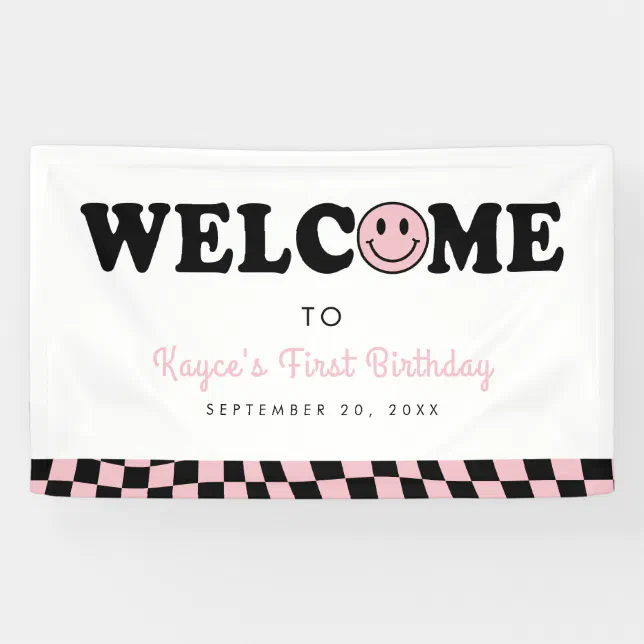 Wavy Pink Preppy Smile Girl 1st Birthday Welcome Banner | Zazzle