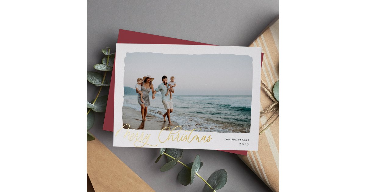 Wavy | Simple Horizontal Merry Christmas Photo Foil Holiday Card | Zazzle