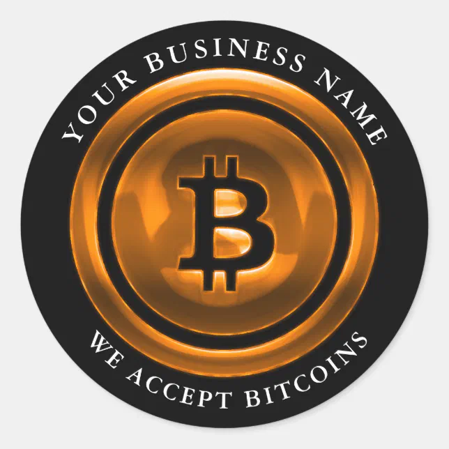 We Accept Bitcoin Symbol Logo Business Name Black Classic Round Sticker ...