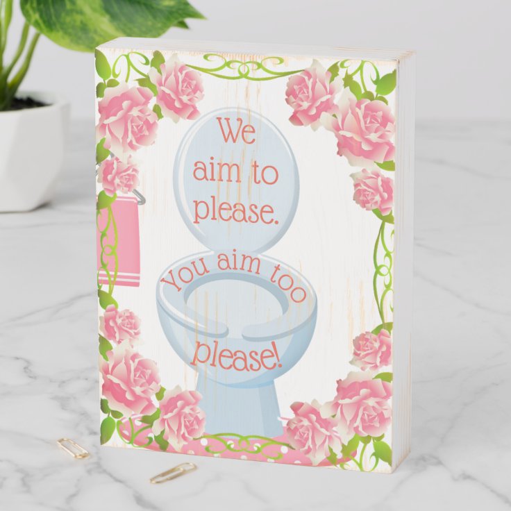 We Aim To Please Funny Bathroom Sign | Zazzle