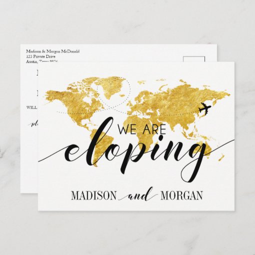 We are eloping gold World map reception invite | Zazzle