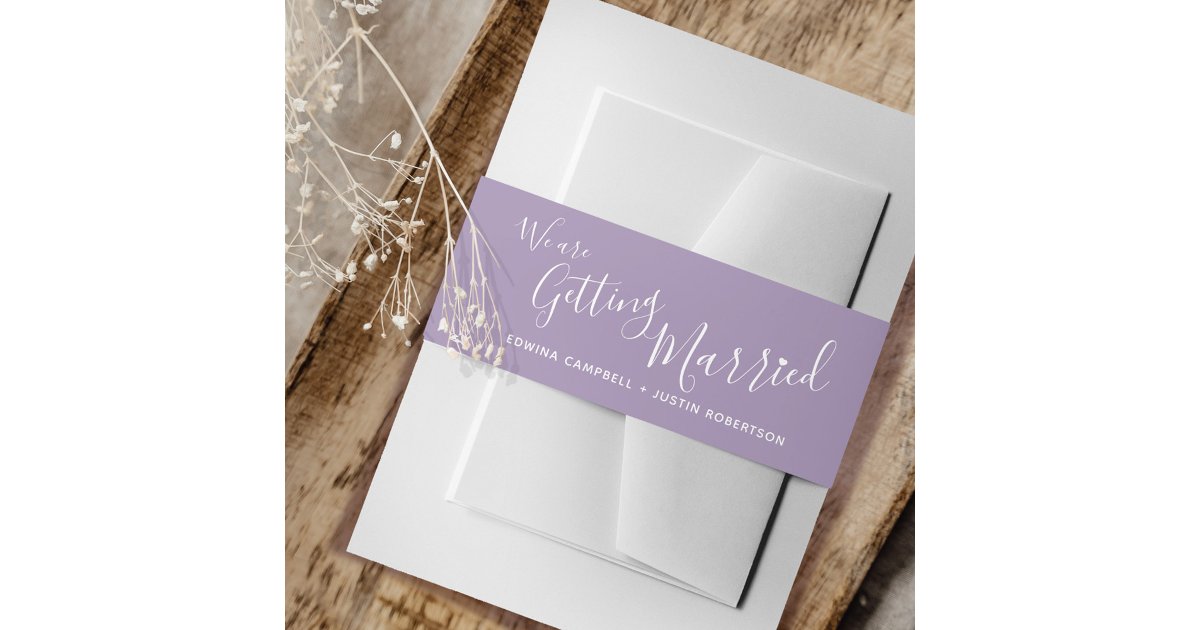 We are getting married purple white wedding invitation belly band | Zazzle