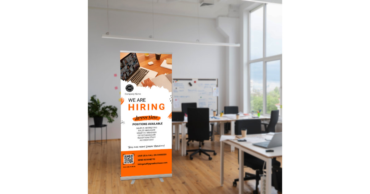 We Are Hiring Staff Custom BUSINESS logo Retractable Banner | Zazzle
