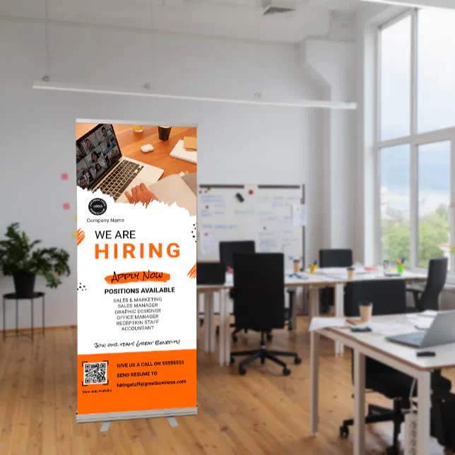 We Are Hiring Staff Custom BUSINESS logo Retractable Banner | Zazzle
