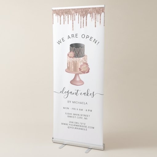 We Are Open Bakery Rose Gold Glitter Cake Retractable Banner | Zazzle