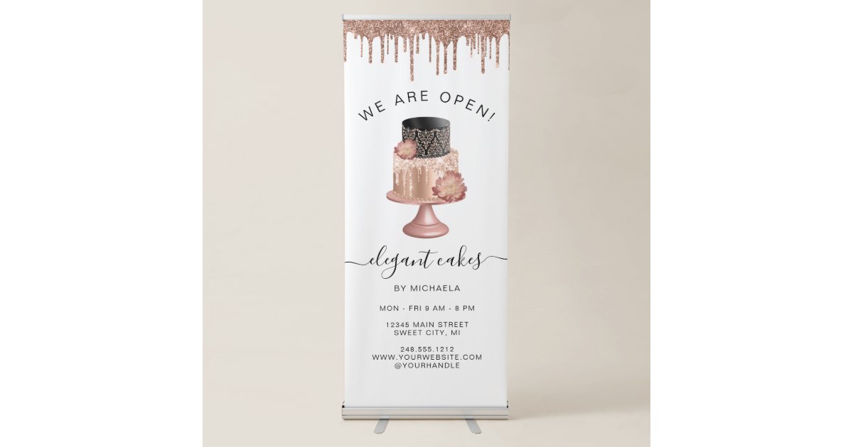 We Are Open Bakery Rose Gold Glitter Cake Retractable Banner | Zazzle
