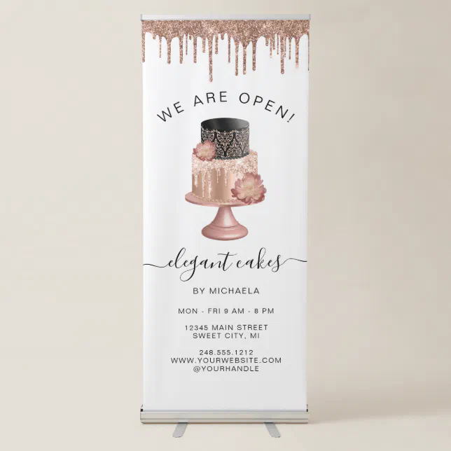 We Are Open Bakery Rose Gold Glitter Cake Retractable Banner | Zazzle
