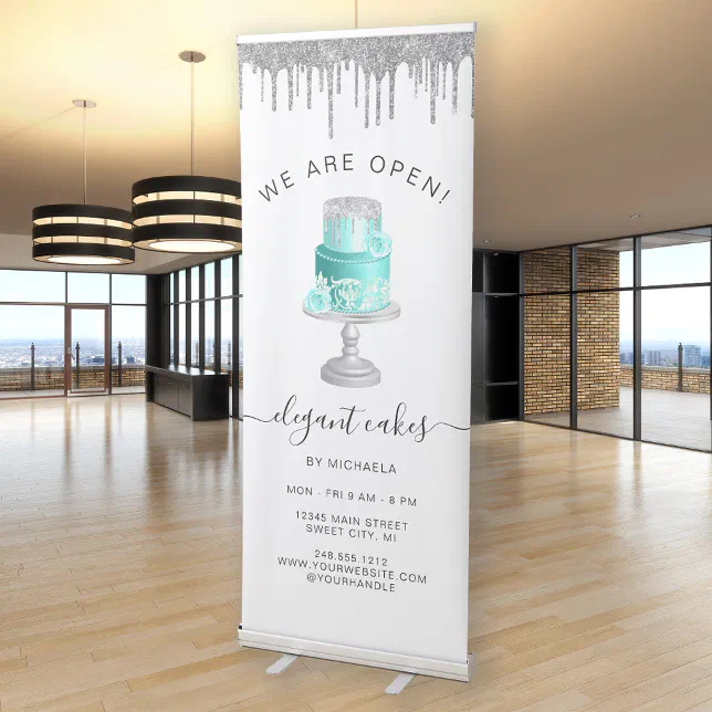 We Are Open Bakery Silver Glitter Turquoise Cake Retractable Banner ...