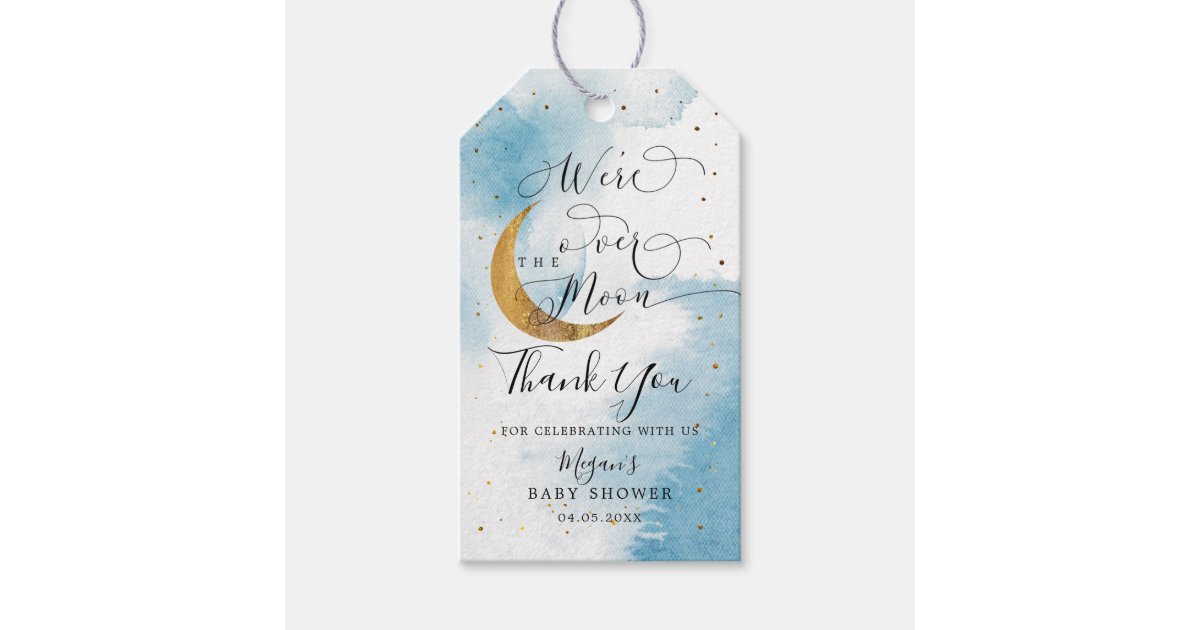 We Are Over The Moon Blue Gold Baby Shower Gift Tags | Zazzle