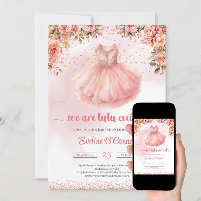 We are tutu excited ballerina dress pink and gold invitation | Zazzle