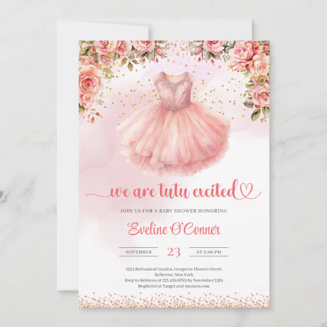 We are tutu excited ballerina dress pink and gold invitation | Zazzle
