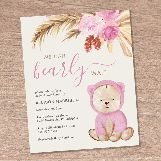 We Can Bearly Wait Baby Girl Shower Invitation | Zazzle