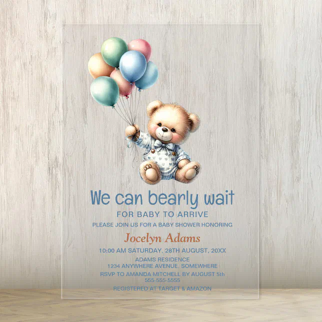 We Can Bearly Wait Baby Shower Acrylic Invitations | Zazzle