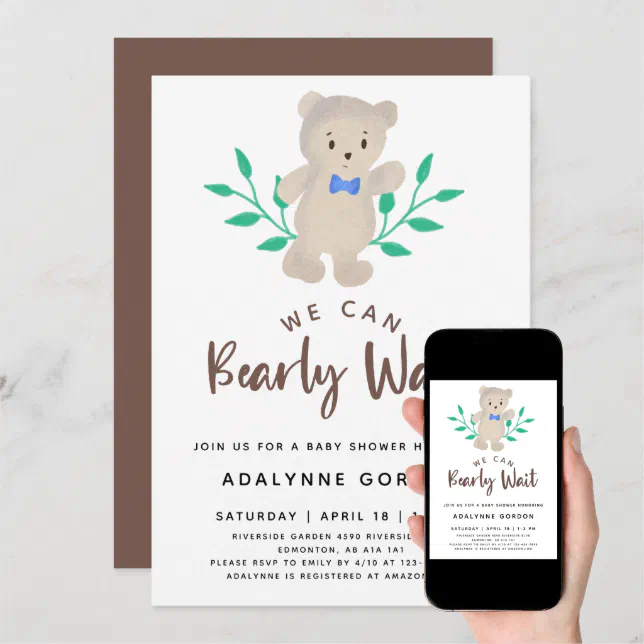 We Can Bearly Wait Baby Shower Cute Bear Invitation | Zazzle