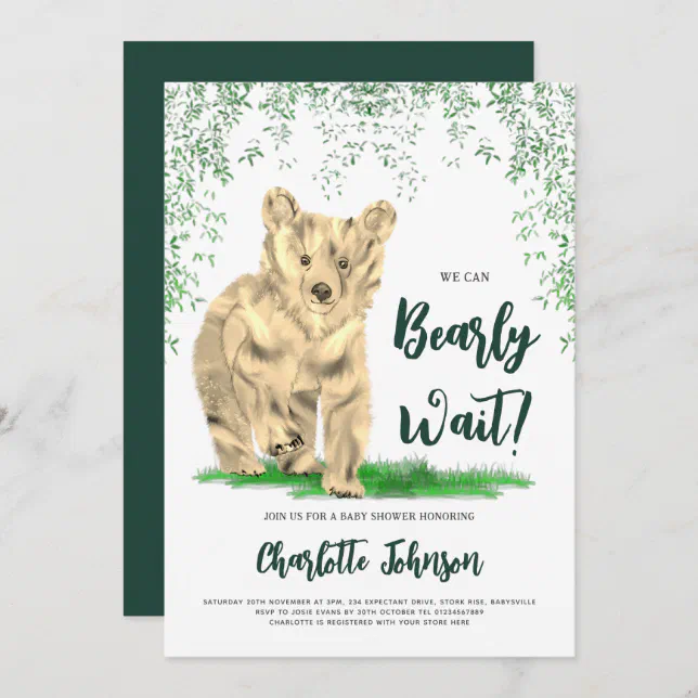 We Can Bearly Wait Baby Shower Woodland Bear Invitation | Zazzle