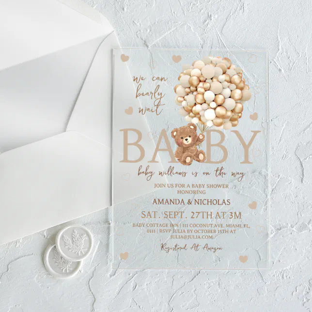 We Can Bearly Wait Bear Baby Shower Acrylic Invitations | Zazzle