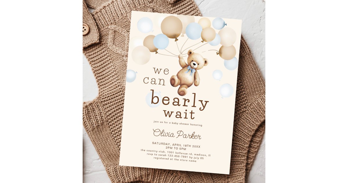 We Can Bearly Wait Bear Theme Boy Baby Shower Invitation | Zazzle