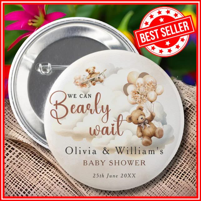 We Can Bearly Wait Boho Gender Neutral Baby Shower Button | Zazzle