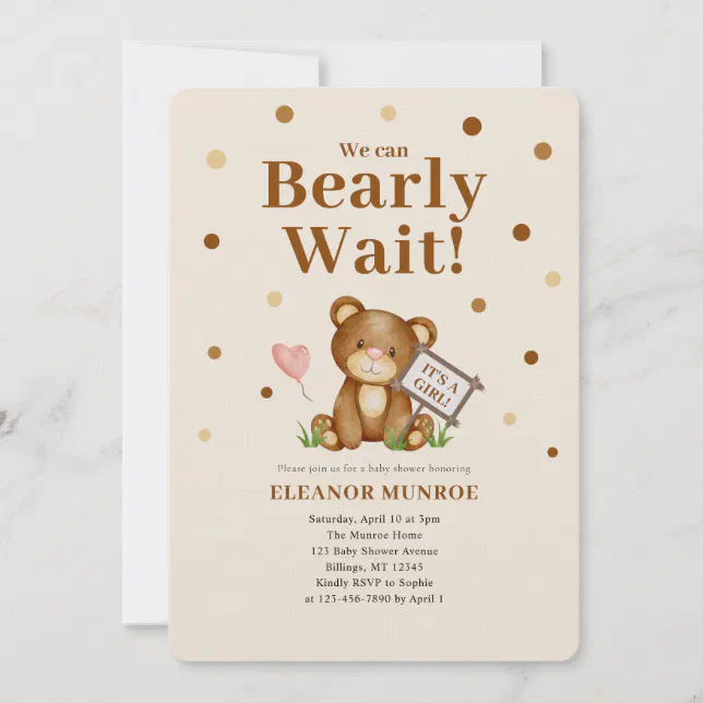 We Can Bearly Wait Girl Baby Shower Invitation | Zazzle
