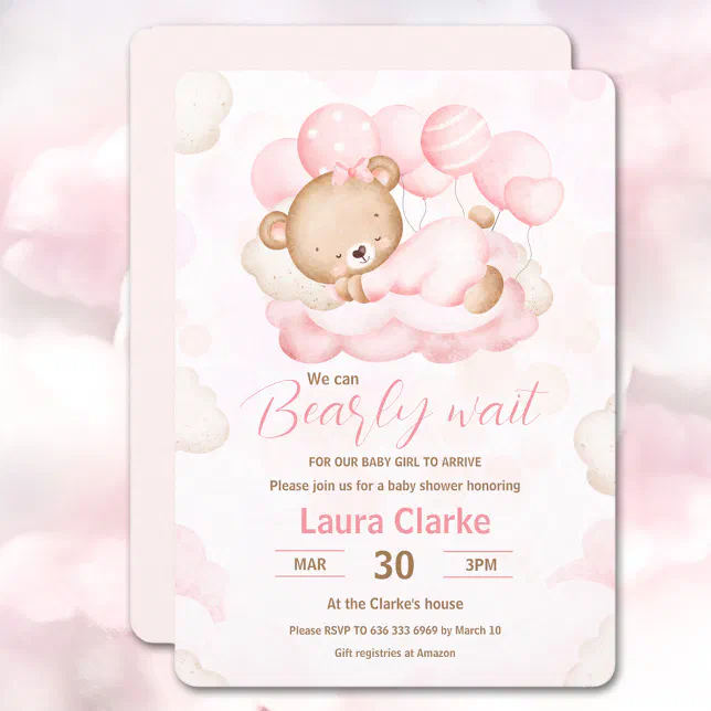 We Can Bearly Wait Girl pink Bear Baby Shower Invitation | Zazzle