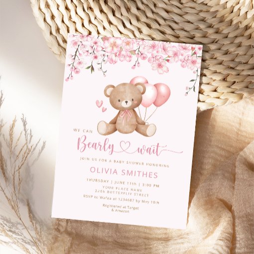 We Can Bearly Wait Girl Teddy Bear Baby Shower Invitation | Zazzle