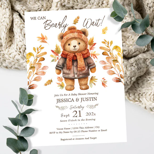 We Can Bearly Wait Leaves Baby Shower Invitation | Zazzle