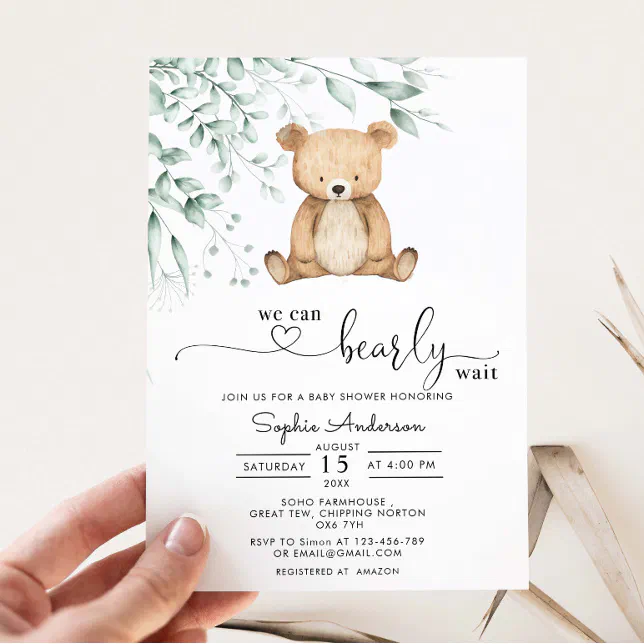 We Can Bearly Wait Minimalist Greenery Invitation | Zazzle