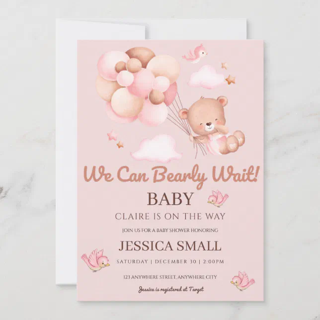 We Can Bearly Wait Pink Baby Shower Invitation | Zazzle