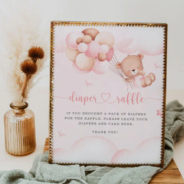 We Can Bearly Wait Pink Diaper Raffle Poster | Zazzle