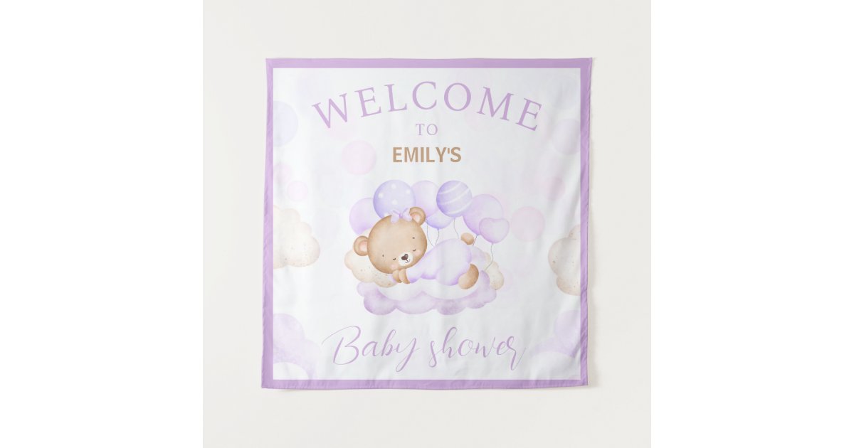 We Can Bearly Wait Purple Baby shower Welcome Sign Tapestry | Zazzle