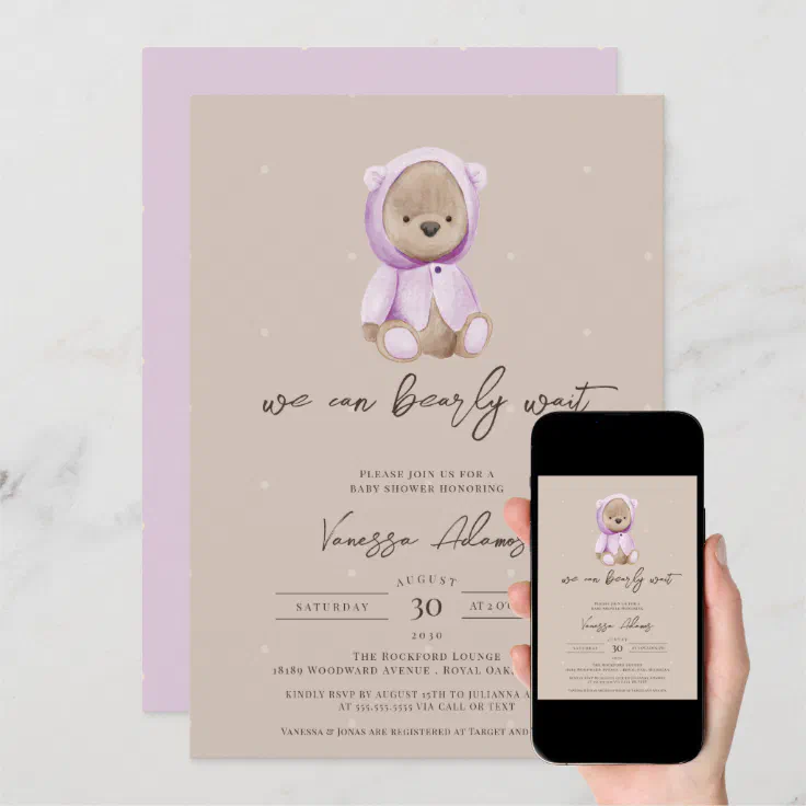 We Can Bearly Wait Teddy Bear Purple Baby Shower Invitation | Zazzle
